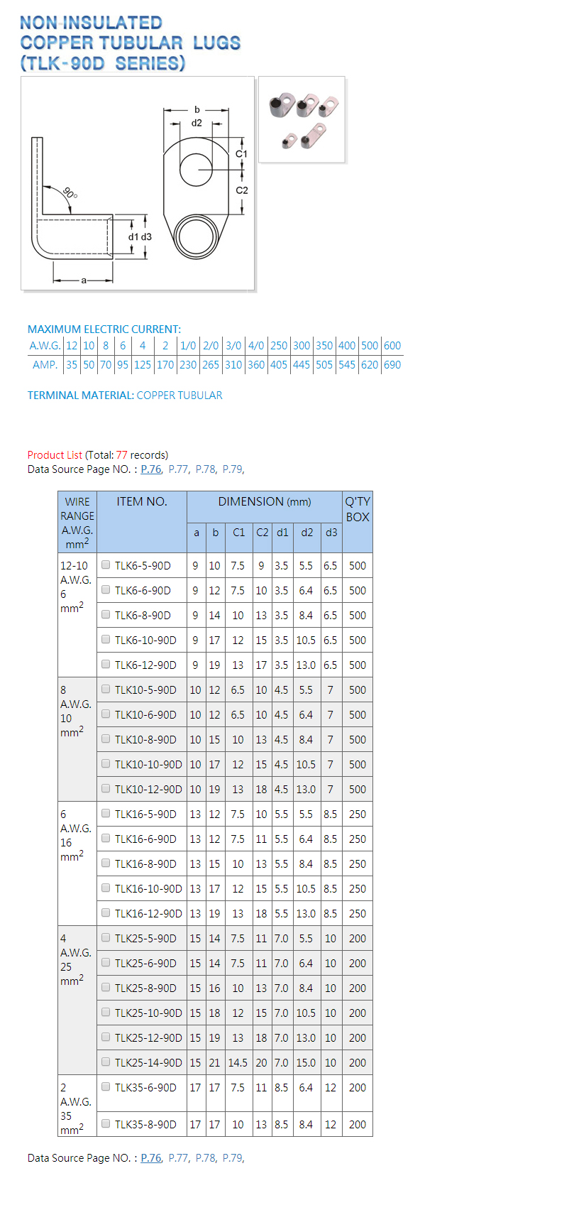 NON-INSULATED COPPER TUBULAR LUGS (TLK-90D SERIES)-杭州拓耀机电有限公司